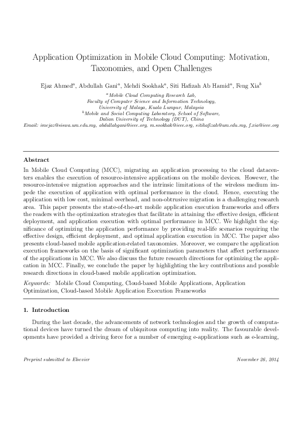 (PDF) Application Optimization in Mobile Cloud Computing: Motivation, Taxonomies, and Open ...