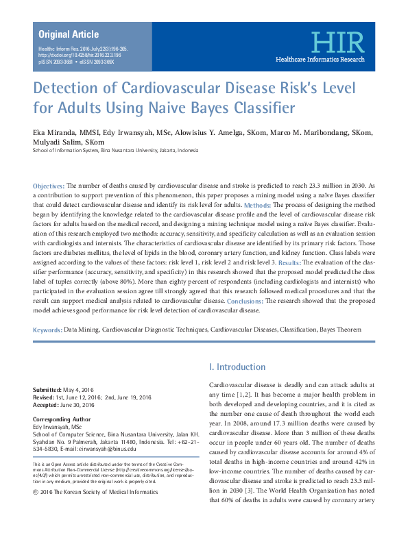 (PDF) Detection of Cardiovascular Disease Risk’s Level for Adults Using ...