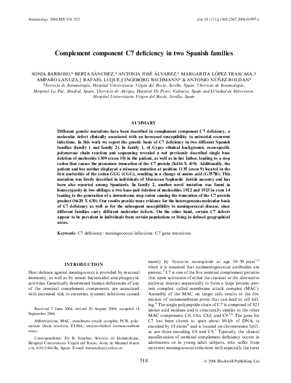 (PDF) Complement component C7 deficiency in two Spanish families