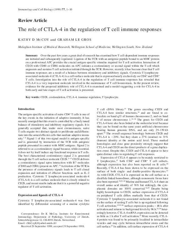 (PDF) The role of CTLA-4 in the regulation of T cell immune responses