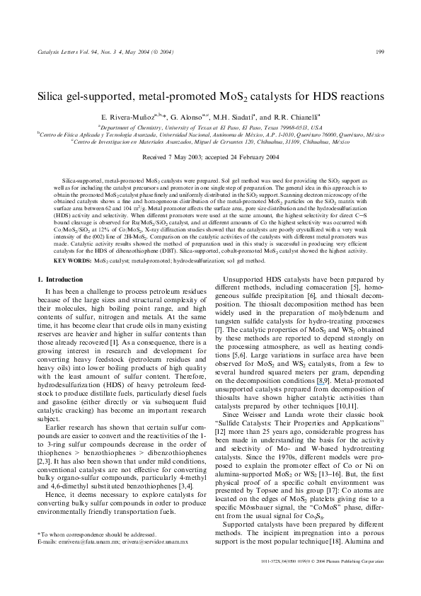 (PDF) Silica Gel and MCM-41-Supported MoS 2 Catalysts for HDS Reactions