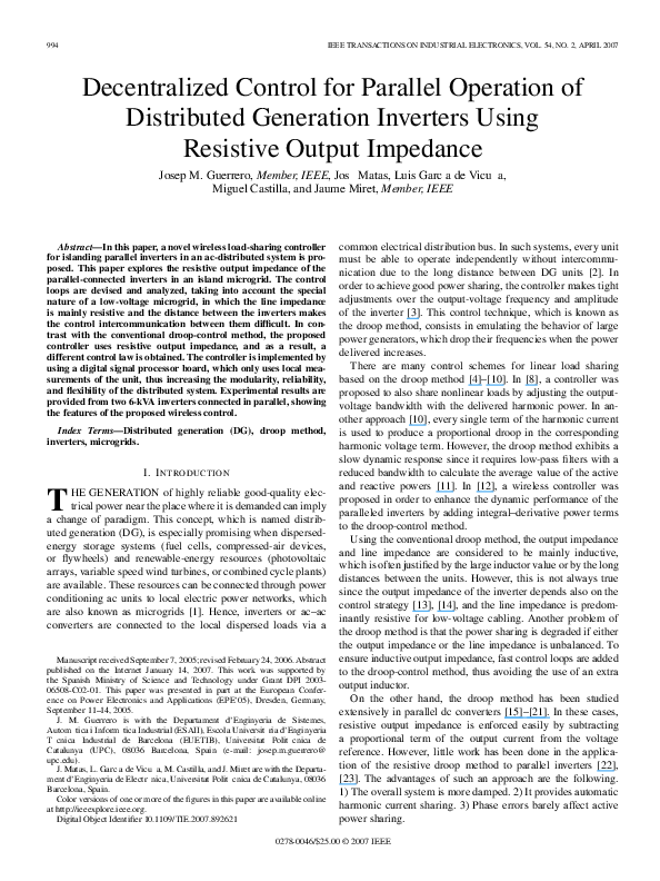 (PDF) Decentralized control for parallel operation of distributed generation inverters using ...