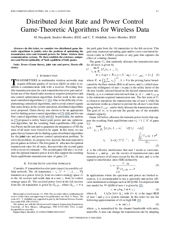 Pdf Distributed Joint Rate And Power Control Game Theoretic Algorithms For Wireless Data