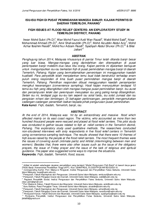 (PDF) ISU-ISU FIQH DI PUSAT PEMINDAHAN MANGSA BANJIR: KAJIAN PERINTIS DI DAERAH TEMERLOH, PAHANG