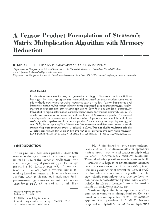 Pdf A Tensor Product Formulation Of Strassens Matrix Multiplication Algorithm With Memory