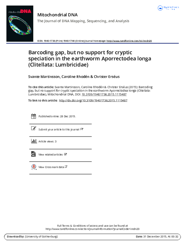 (PDF) Barcoding gap, but no support for cryptic speciation in the ...