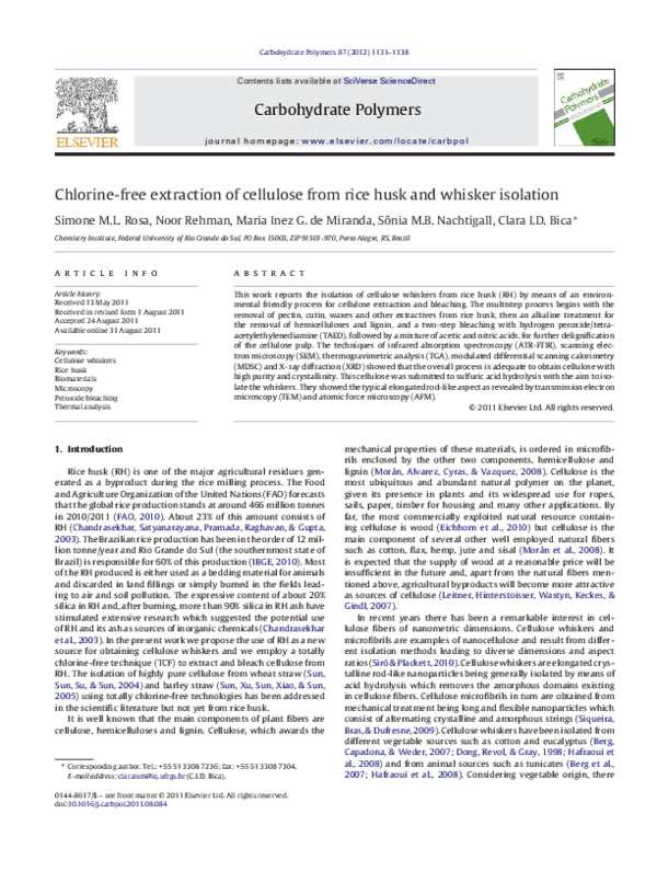 (PDF) Chlorine-free extraction of cellulose from rice husk and whisker ...