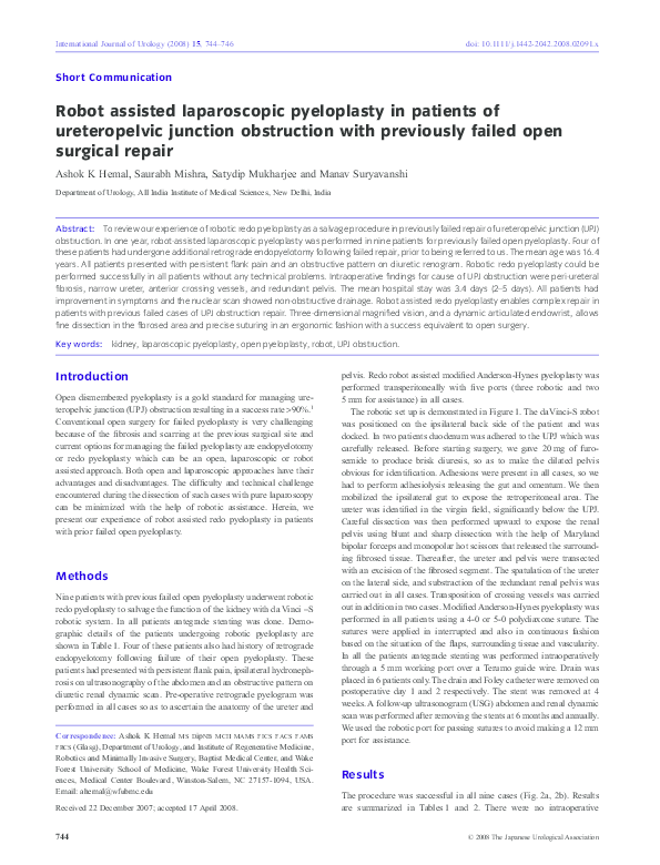 (PDF) Robot assisted laparoscopic pyeloplasty in patients of ...