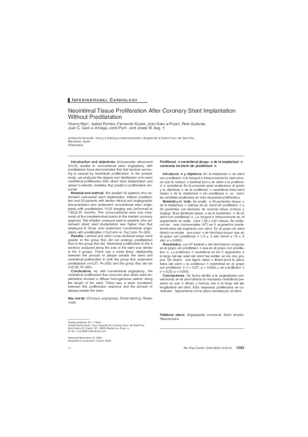 (PDF) Neointimal Tissue Proliferation After Coronary Stent Implantation ...