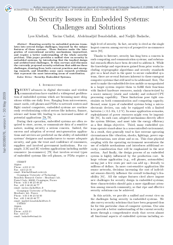 (PDF) On security issues in embedded systems: challenges and solutions | Lyes Khelladi ...