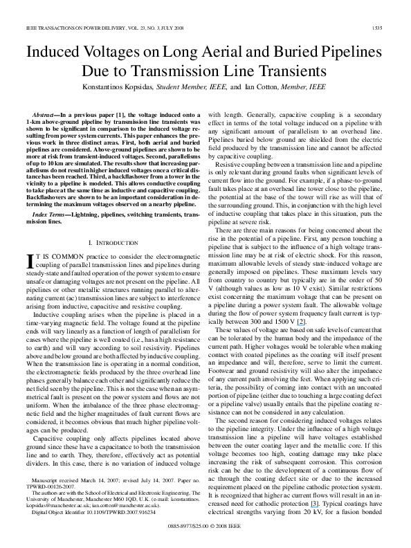 Pdf Induced Voltages On Long Aerial And Buried Pipelines Due To Transmission Line Transients