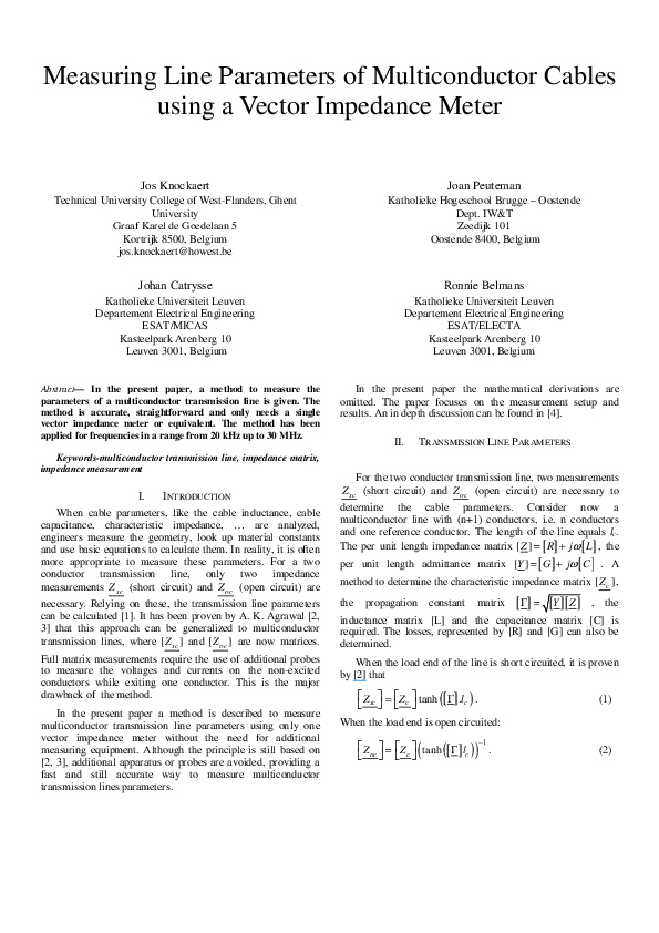 (PDF) Measuring Line Parameters of Multiconductor Cables using a Vector ...