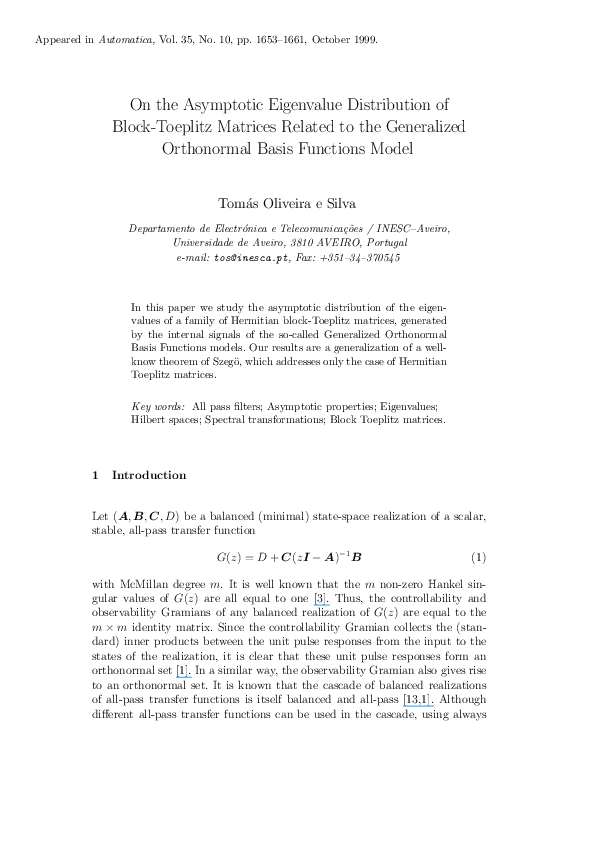 Pdf On The Asymptotic Eigenvalue Distribution Of Block Toeplitz Matrices Related To The