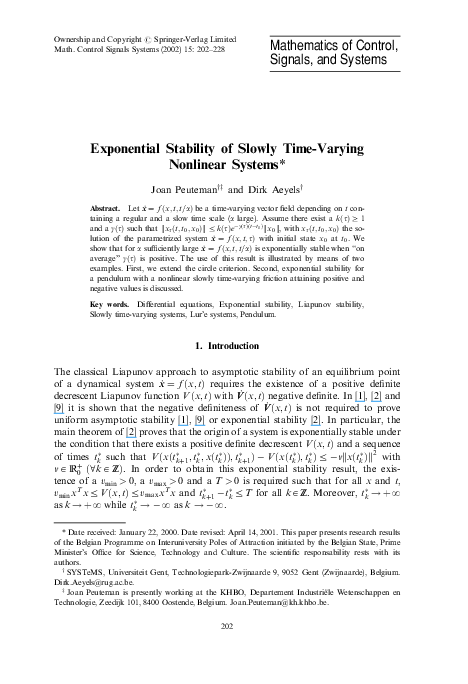 (PDF) Exponential Stability of Slowly Time-Varying Nonlinear Systems | Joan Peuteman and D ...