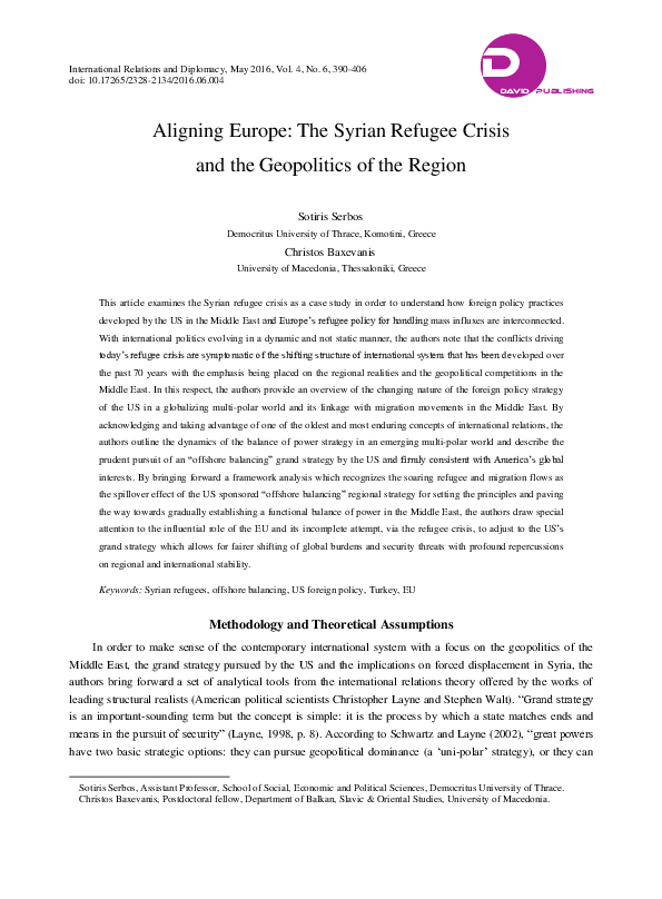 Aligning Europe: The Syrian Refugee Crisis and the Geopolitics of the ...