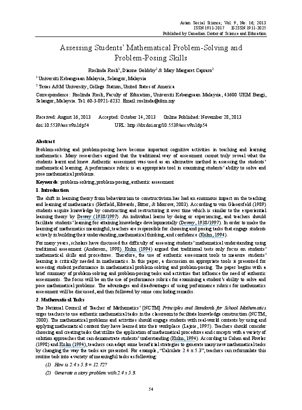(PDF) Assessing Students’ Mathematical Problem-Solving and Problem-Posing Skills