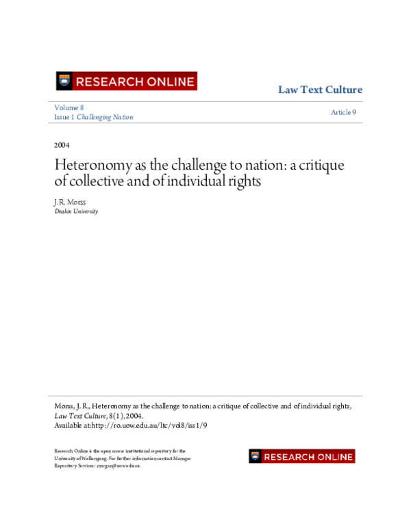 (PDF) Heteronomy as the challenge to nation: a critique of collective ...