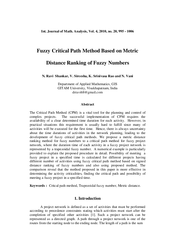 (PDF) Fuzzy critical path method based on metric distance ranking of fuzzy numbers