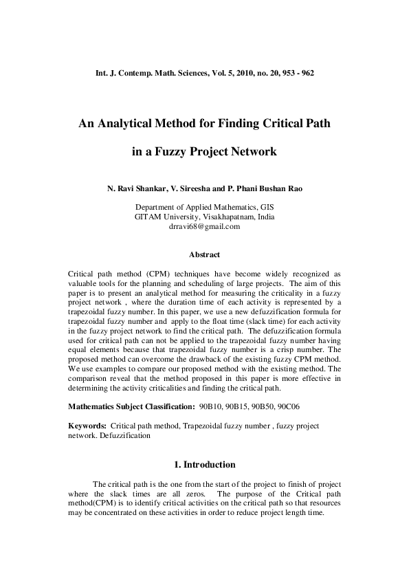 (PDF) An analytical method for finding critical path in a fuzzy project network