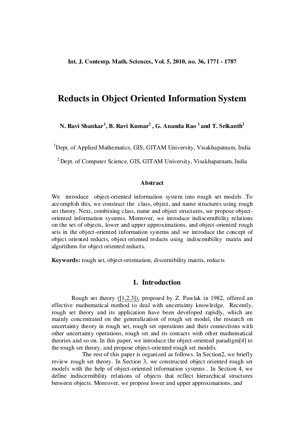 (PDF) Reducts in Object Oriented Information System