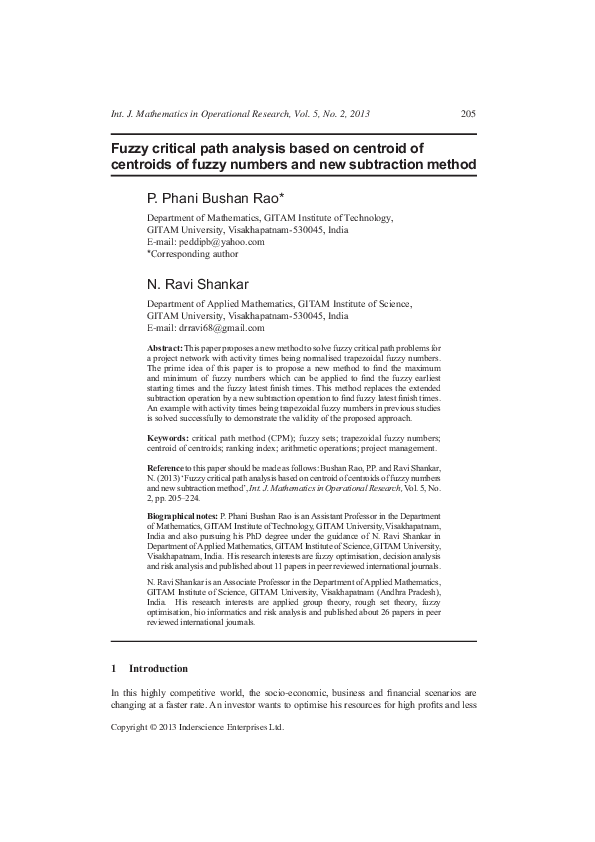 (PDF) Fuzzy critical path analysis based on centroid of centroids of fuzzy numbers and new ...
