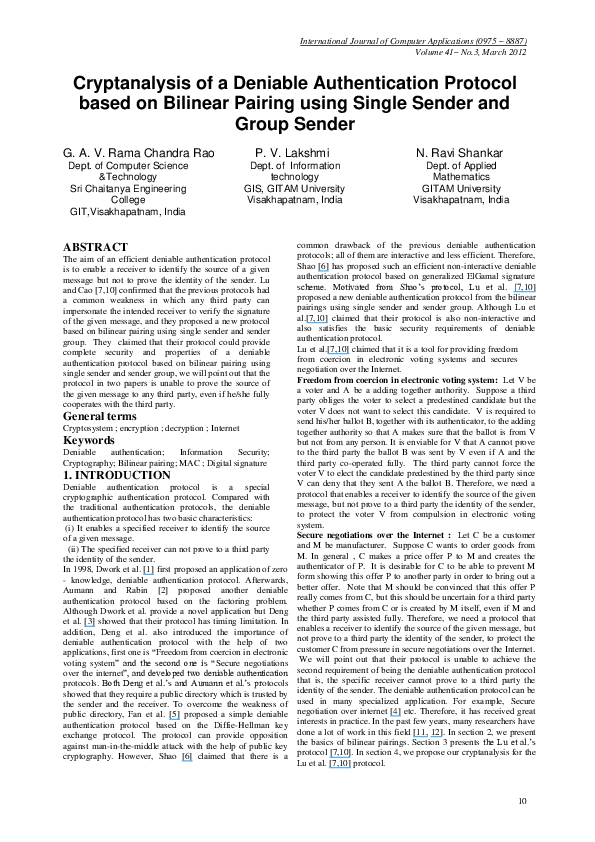 Pdf Cryptanalysis Of A Deniable Authentication Protocol Based On Bilinear Pairing Using Single