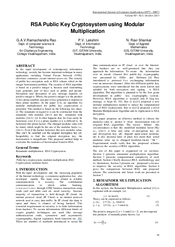 Pdf Rsa Public Key Cryptosystem Using Modular Multiplication