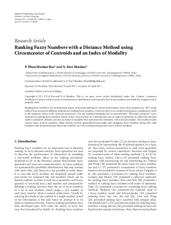 Ranking Fuzzy Numbers with a Distance Method using Circumcenter of ...