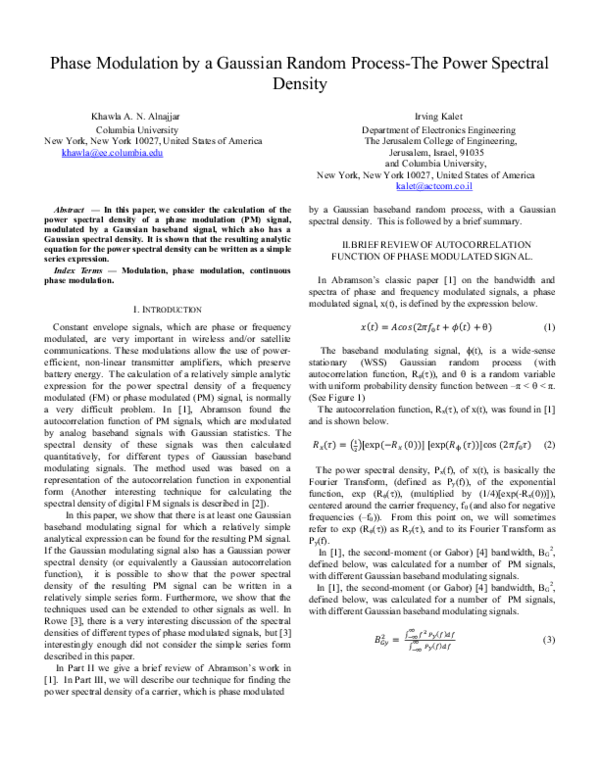 (PDF) Phase modulation by a Gaussian random process-the power spectral ...