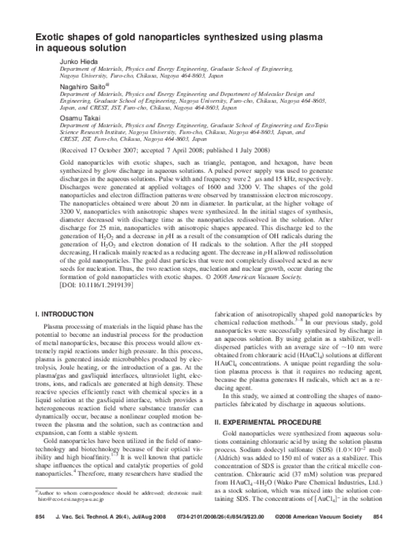 (PDF) Exotic shapes of gold nanoparticles synthesized using plasma in ...