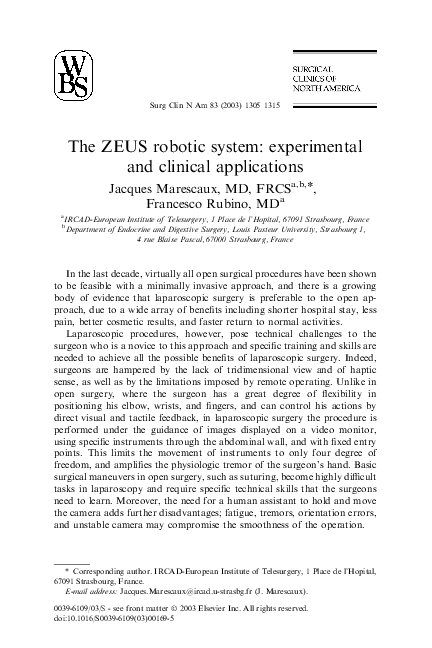 (PDF) The ZEUS robotic system: experimental and clinical applications