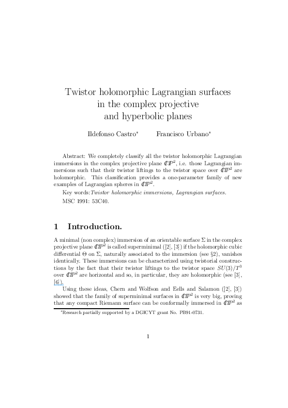 Pdf Twistor Holomorphic Lagrangian Surfaces In The Complex Projective And Hyperbolic Planes