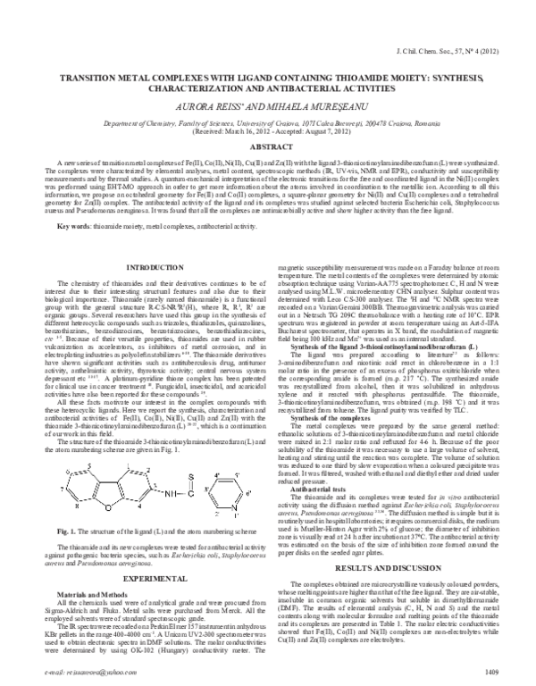 (PDF) Transition metal complexes with ligand containing thioamide moiety: synthesis ...