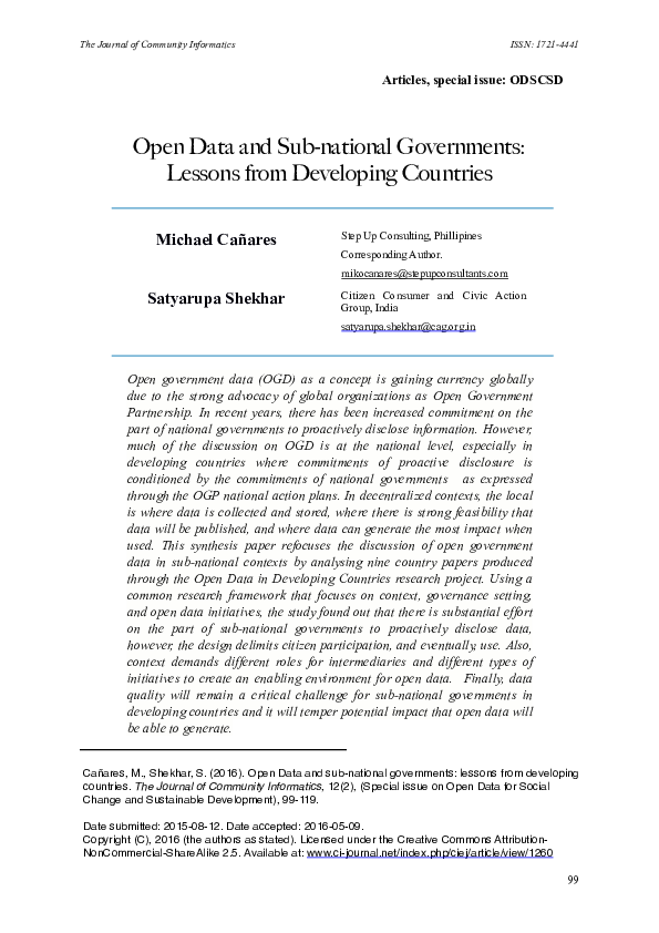 (PDF) Open Data and Sub-national Governments: Lessons from Developing ...