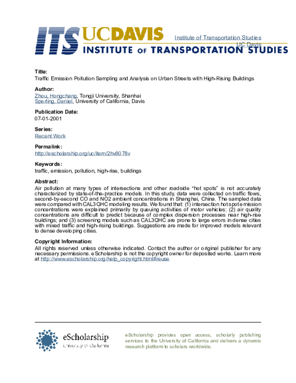 Pdf Traffic Emission Pollution Sampling And Analysis On Urban Streets With High Rising Buildings