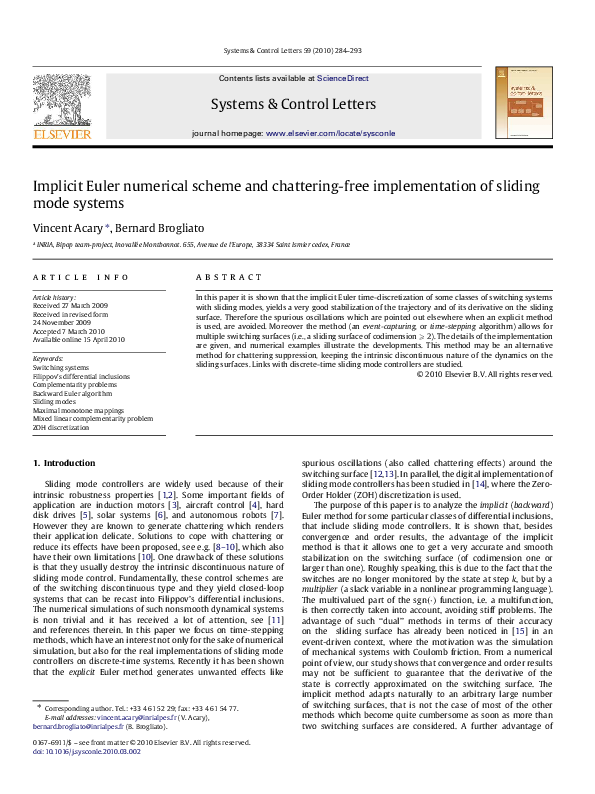 Pdf Implicit Euler Numerical Scheme And Chattering Free Implementation Of Sliding Mode Systems