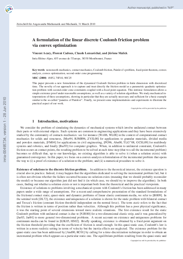 (PDF) A formulation of the linear discrete Coulomb friction problem via ...