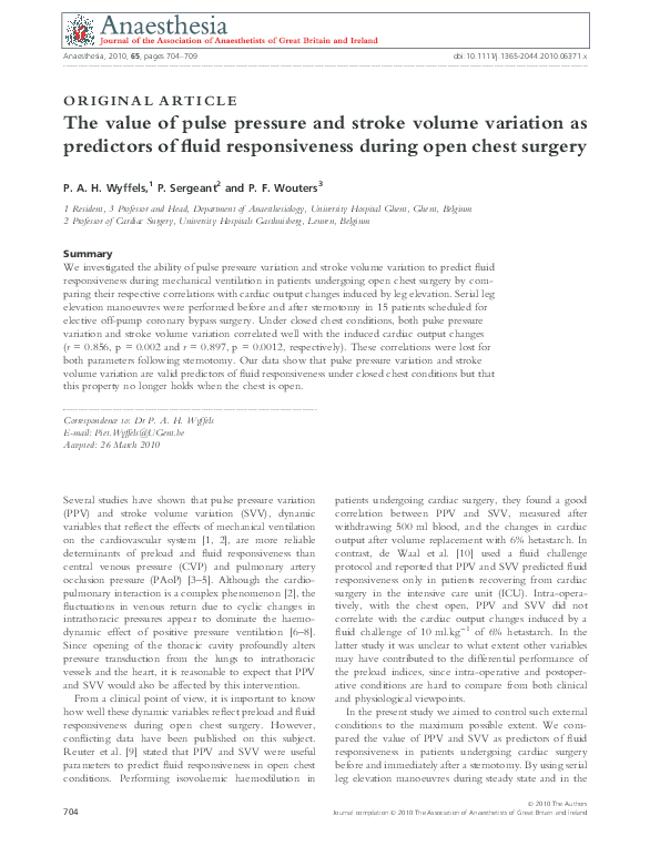 (PDF) The value of pulse pressure and stroke volume variation as ...