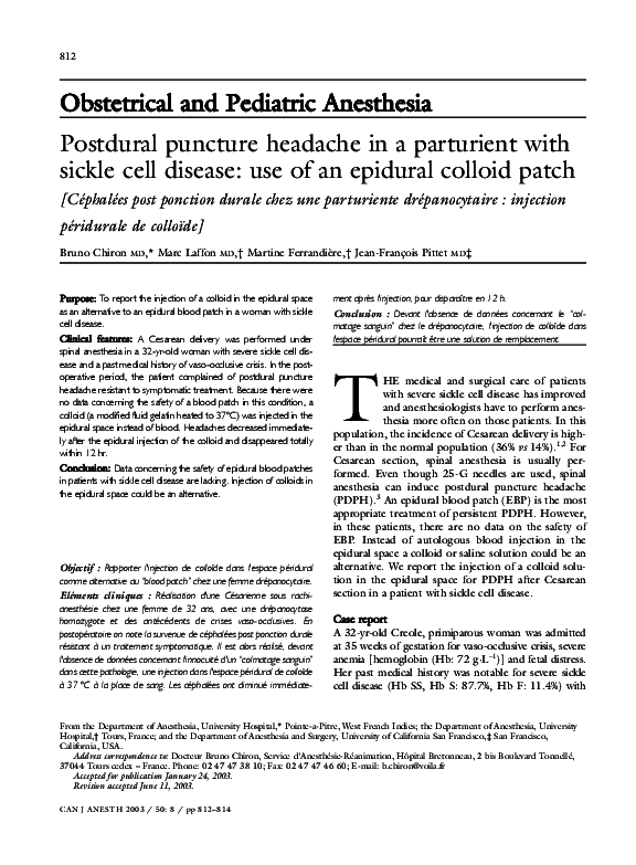 (PDF) Postdural puncture headache in a parturient with sickle cell ...