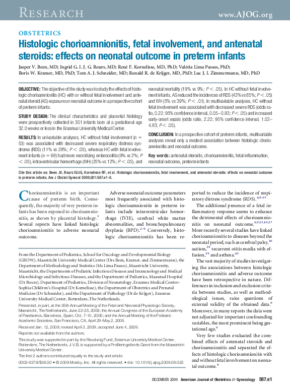 (PDF) Histologic chorioamnionitis, fetal involvement, and antenatal ...