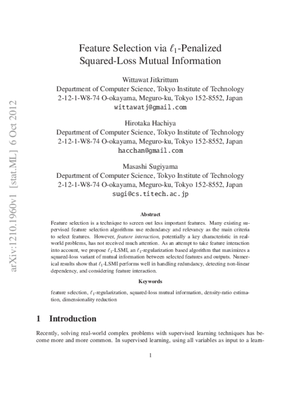 Pdf Feature Selection Via L1 Penalized Squared Loss Mutual Information