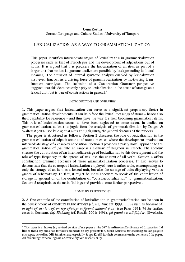 (PDF) LEXICALIZATION AS A WAY TO GRAMMATICALIZATION