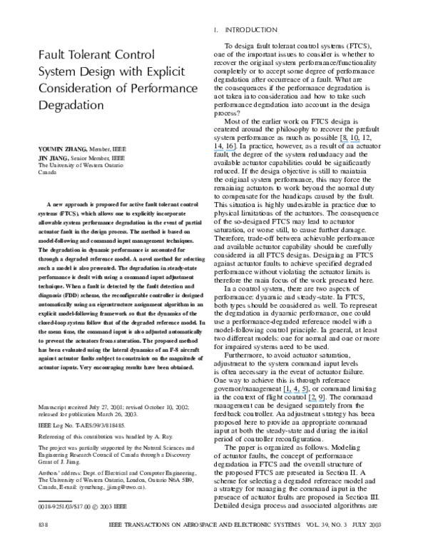 Pdf Fault Tolerant Control System Design With Explicit Consideration