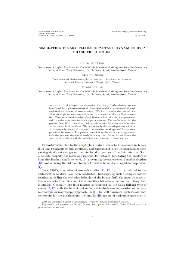 (PDF) Simulating binary fluid-surfactant dynamics by a phase field model