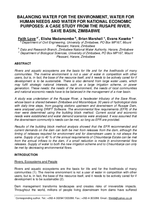 (PDF) BALANCING WATER FOR THE ENVIRONMENT, WATER FOR HUMAN NEEDS AND ...