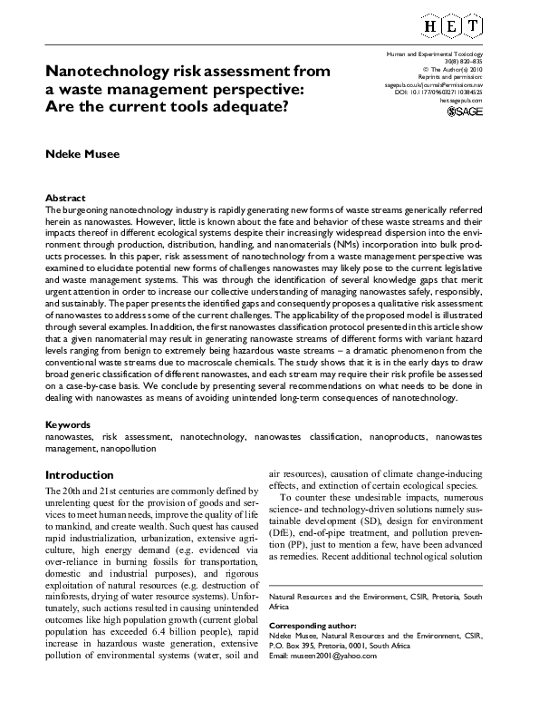 (PDF) Nanotechnology risk assessment from a waste management ...