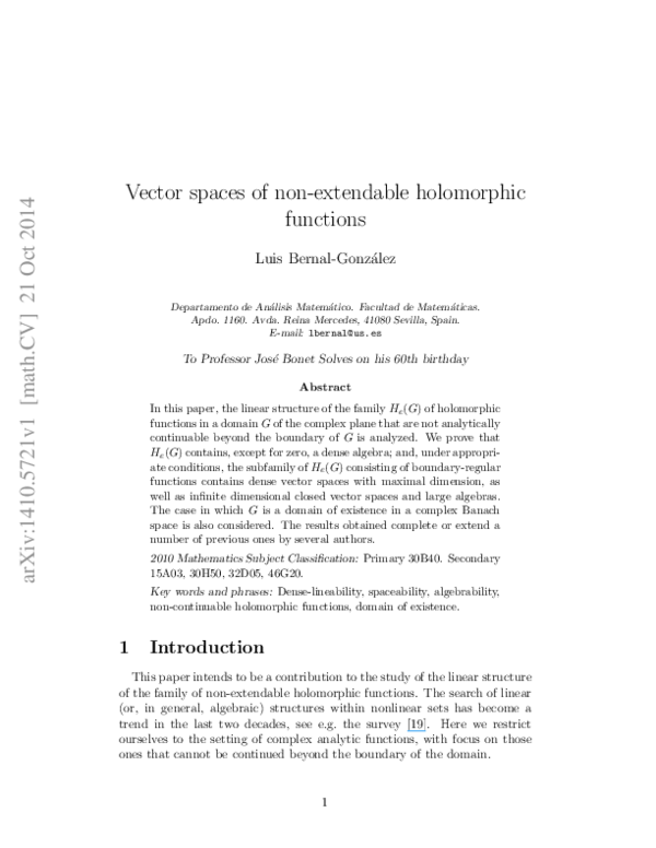 (PDF) Vector spaces on non-extendable holomorphic functions