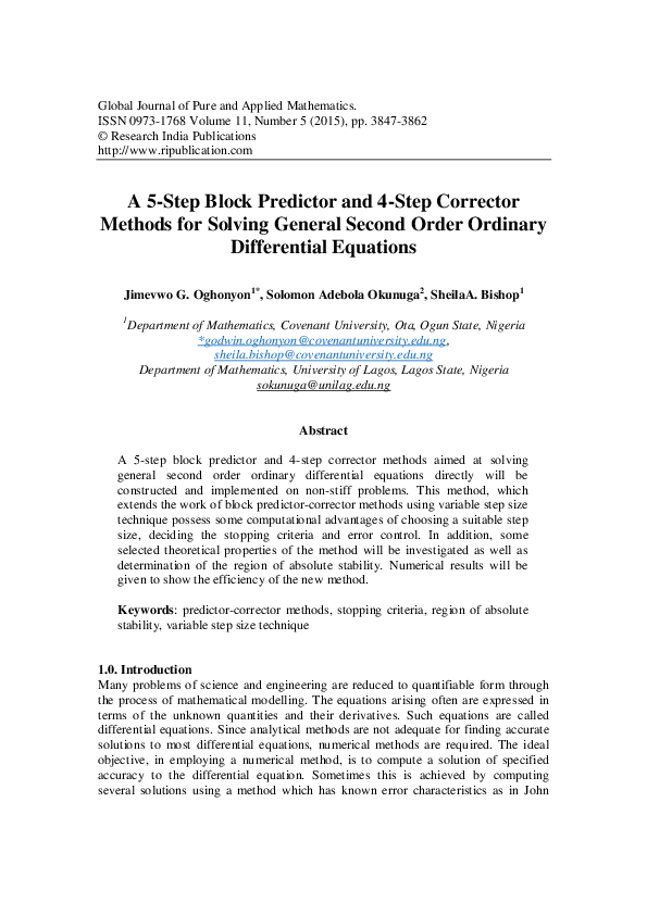 Pdf A 5 Step Block Predictor And 4 Step Corrector Methods For Solving General Second Order