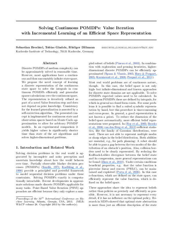 (PDF) Solving Continuous POMDPs: Value Iteration with Incremental Learning of an Efficient Space ...
