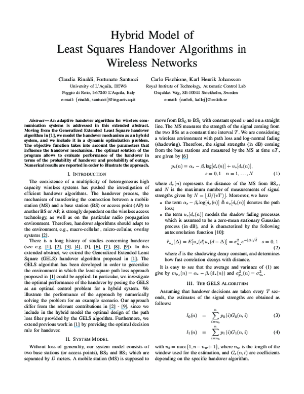Pdf Hybrid Model Of Least Squares Handover Algorithms In Wireless Networks